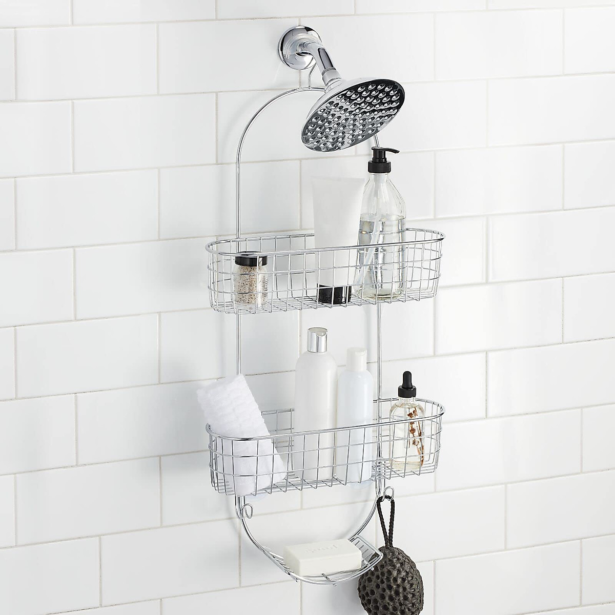 mDesign Steel Metal Curved Bathroom/Shower Caddy, Hanging Storage Organizer for Shampoo and Conditioner Bottles - 2-Tier Rack with Baskets - Holder for Soap, Body Wash, Concerto Collection, Chrome