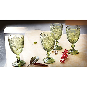 SANHECUN Wine Glasses Set Embossed Vintage Style Goblets 10 oz Green Set of 4(4, Wine Goblet 10 oz)