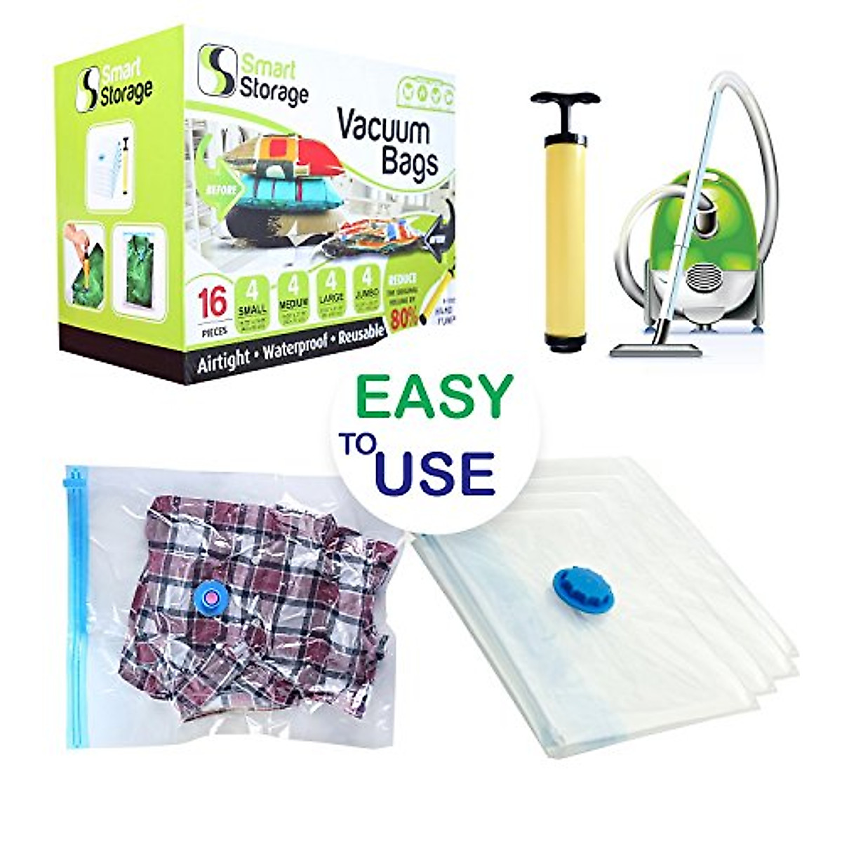 16 Pack Vacuum Storage Bags, Space Saver Bags (4 Jumbo/4 Large/4 Medium/4 Small) Vacuum Sealer Bags for Clothes Storage with Travel Hand Pump