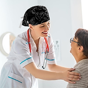 Adjustable Black Roses Scrub Cap, Working Hat Hair Cover with Ponytail Pouch, Soft Bouffant Surgical Nurse Cap