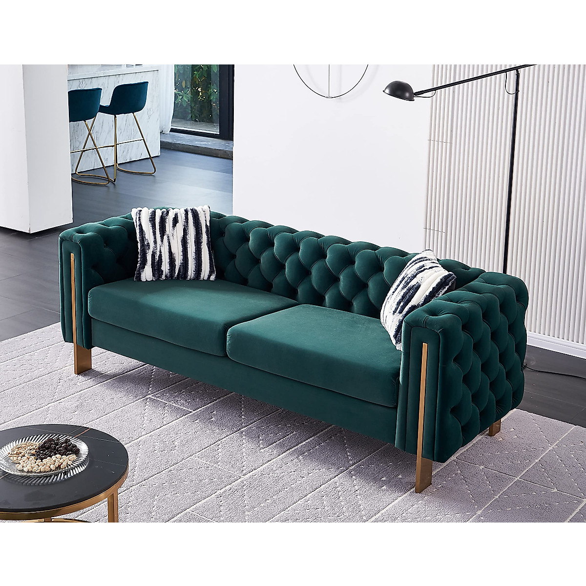 Kakotito Tufted Sofa Couch, 84 Inches Long Upholstered Sofa with 2 Pillows,High Arm and Strong Metal Legs, Couches for Living Room, Office, and Bedroom (Button Tufted, Green)