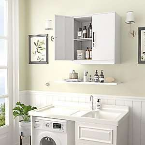 IRONFFICE Garage Wall Cabinet,Metal Storage Cabinet with Adjustable Shelf,Locking Wall Storage Cabinets,Steel Wall Mounted Cabinet for Home Office