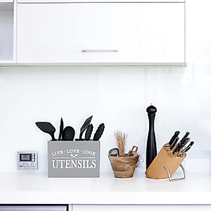 Karisky Kitchen Utensil Holder with Removable Bottom Large 2 Compartments Utensil Organizer Farmhouse Utensil Caddy for Countertop Decor, 9 x 7 x 5 Inch, Black