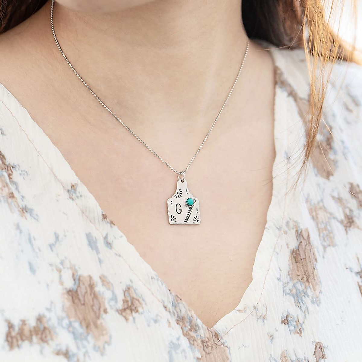 Custom Cow Tag Retro Bohemian Style Turquoise Neckalce 925 Sterling Silver/Brass Vintage Personalized Logo/Monogram/Number/Initial/Name Pendant Neckalce Gemstone Jewelry Birthday Gifts For Women Wife Daughter Mother