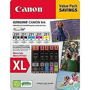 Canon PGI-250XL, CLI-251XL C/M/Y/K Ink Cartridges Value Pack (5 Cartridges)