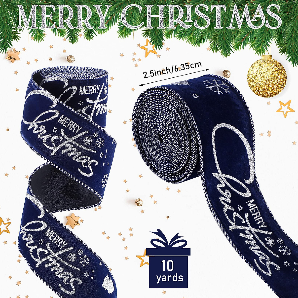 2 Rolls Christmas Wired Ribbon - Red, Green, Navy Blue, Merry Golden Silver for Gift Wrapping - Velvet Fabric for Xmas Home Decoration DIY Crafts, 2.5 Inch (Navy Blue, 10 Yards)