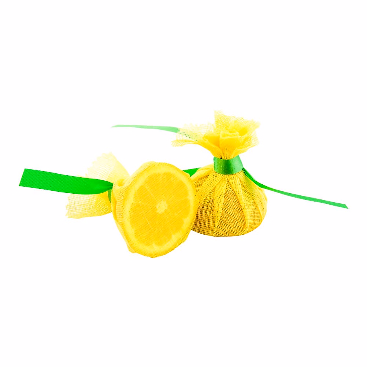 Restaurantware 8.75 Inch x 8.75 Inch Lemon Squeeze Cloths, 100 With Green Satin Ribbon Lemon Covers - Mesh, Reusable, Yellow Cheesecloth Lemon Nets, For Lemon Halves And Wedges - Restaurantware