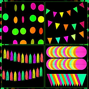 Glow Neon Party Supplies Including Neon Paper Garland 20 Pieces Neon Paper Tassels Garland and Neon Triangle Flags Bunting for Birthday Party Wedding Black Light Reactive UV Glow Party Decorations