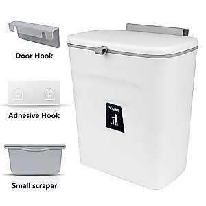 VIGIND 9L/2.4 Gallon Hanging Trash Can for Kitchen Cabinet Door with Lid, Small Under Sink Garbage Can,Trash Bin for Bathroom, Wall Mounted Counter Waste Compost Bin, Plastic  (White)