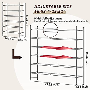 YIZAIJIA Shoe Rack Storage Organizer 6 Tier Expandable Metal Adjustable Shoe Shelf Free Standing Shoe Rack for Entryway Closet Doorway,Silver