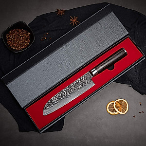 GOYNANA Luxury SANTOKU Knife 7 Inch Ultra Sharp And Non Stick Blade of Damascus Chef Knife, With Japanese Knives Ebony Wood Handle | 67 Layers High Carbon Stainless Steel | Fancy Gift Box