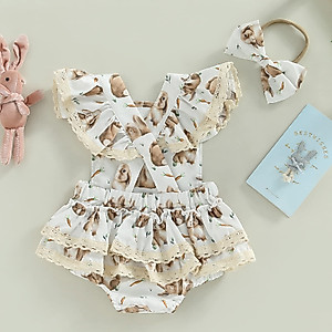 Newborn Infant Baby Girl Easter Outfit Bunny Romper Lace Sleeveless Bodysuit Jumpsuit Headband Summer Clothes White 18-24 Months