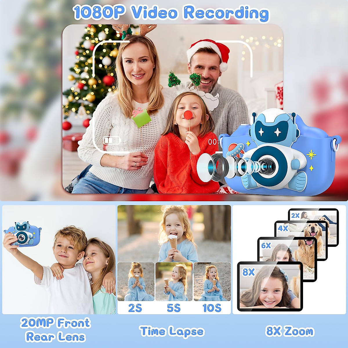 Kids Camera for 3-8 Years Old Toddlers Childrens Boys Girls Selfie Camera 20.0 MP HD 1080P IPS Screen Dual Digital Toy Camera for Kids Christmas Birthday Gifts
