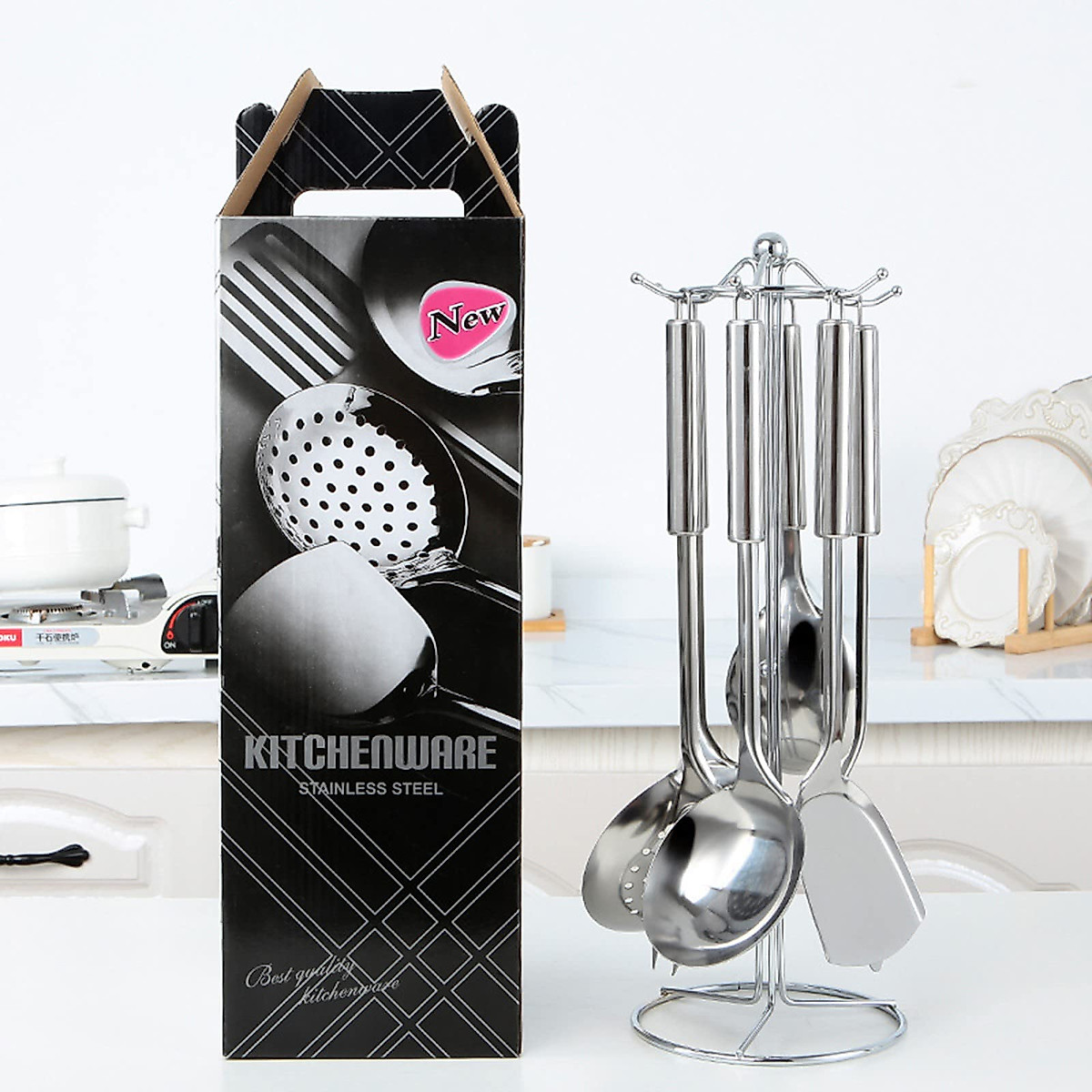 Stainless Steel Kitchen Utensils Set 5 Pcs All Metal Cooking Tools with Solid Spoon, Wok Spatula, Slotted Spatula, Soup , Spoon, Spaghetti Server