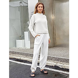 Bianstore Women's Two Piece Outfits Long Sleeve Knit Top Fall Sweater Set Loose Pants Sweatsuit Lounge Sets(PureWhite-M)