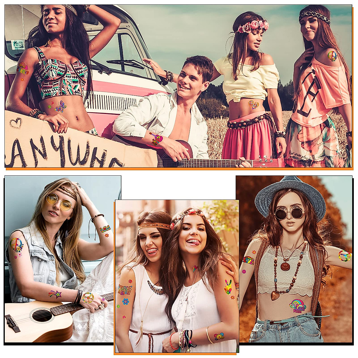 Demissle 280 Pieces Hippie Temporary Tattoos Butterfly Flower Love and Peace Lucky Rainbow Tattoos Groovy Hippie Temporary Fake Tattoos Decor School Rewards for Kids 70s Groovy Party Favors