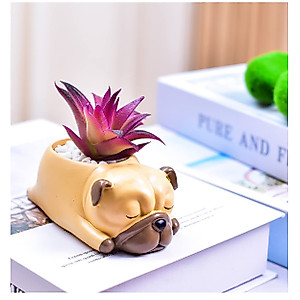 Cute Puppy Pug Flower Pot with Drainer Garden Flower Pot Resin Succulent Potted Bonsai Plant Stand Home Desk Mini Ornaments Balcony Gardening Flower Pot Does Not Contain Plants