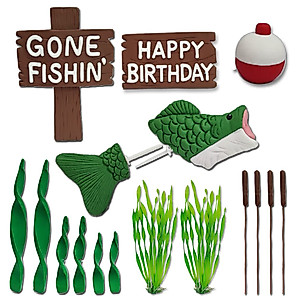 Fishing Cake Topper Gone fishing Cake with Bass Reed Happy Birthday Sign