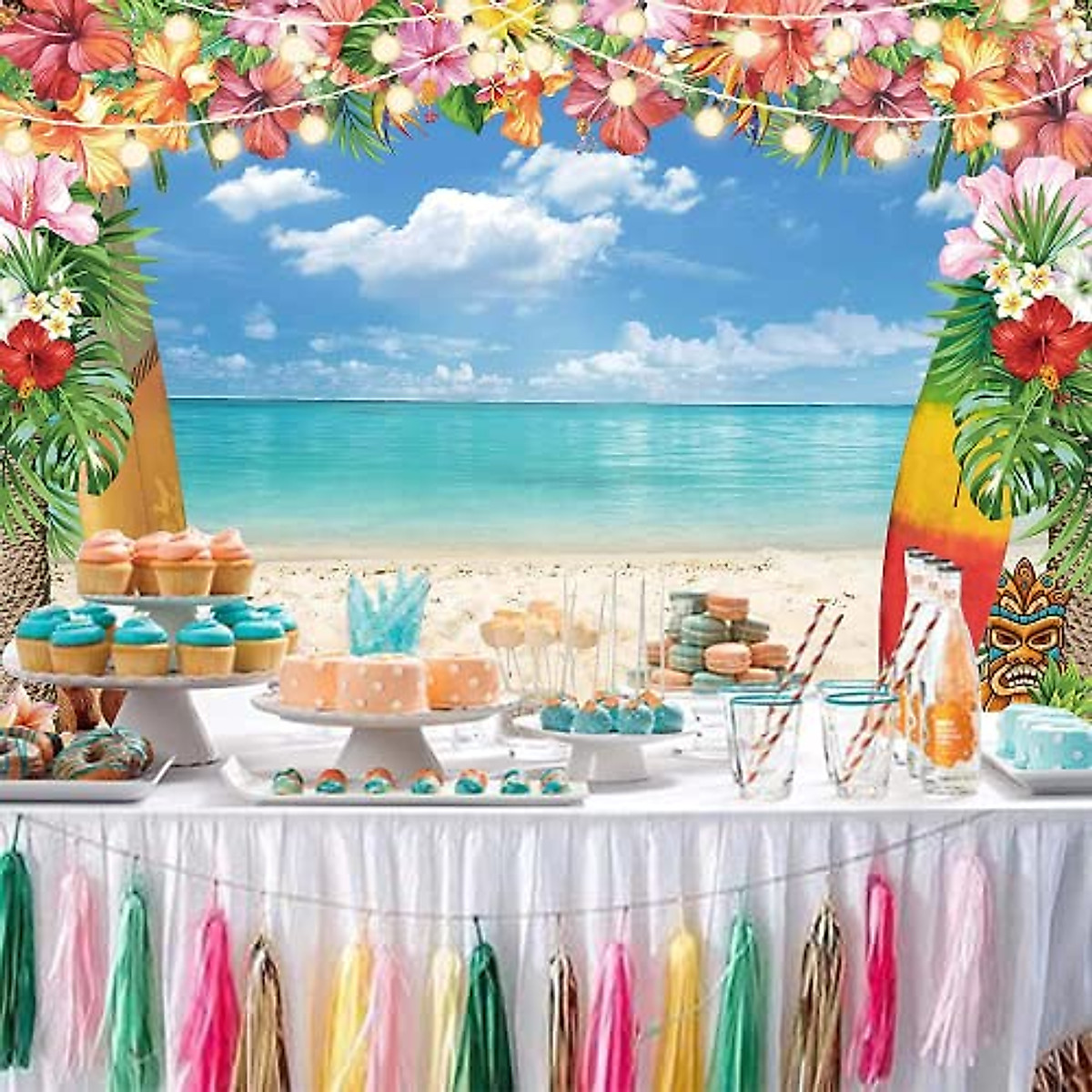LIVUCEE 7x5ft Fabric Summer Hawaiian Beach Backdrop for Photography Tropical Flower Luau Hawaiian Party Decorations Aloha Blue Sky Ocean Palm Leaves Background Suppiles Photoshoot