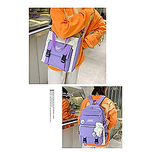 AMZTAN 4Pcs Canvas School Backpack Combo Set for Students with Bear Pendant Handle Shoulder Tote Bag Laptop Schoolbag (Purple)