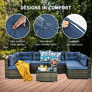 DWVO 7 Pieces Patio Furniture Set, All-Weather PE Rattan Outdoor Conversation Set, Wicker Outside Sectional Sofa Couch with Table and Cushions, for Pool Backyard Deck Garden (Navy)