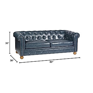 Armen Living Winston Sofa in Blue Bonded Leather and Walnut Wood Finish Wood