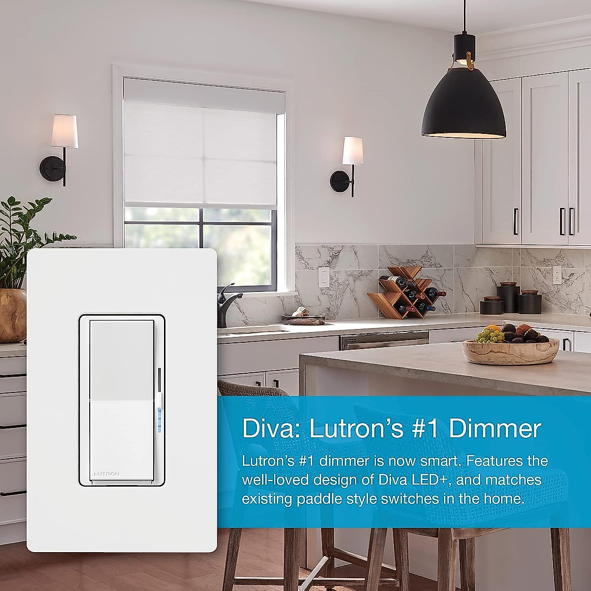 Lutron Diva Smart Dimmer Switch Starter Kit for Caséta Smart Lighting, with Smart Hub, Pico Remote, No Neutral Wire Required, DVRF-BDG-1D, White