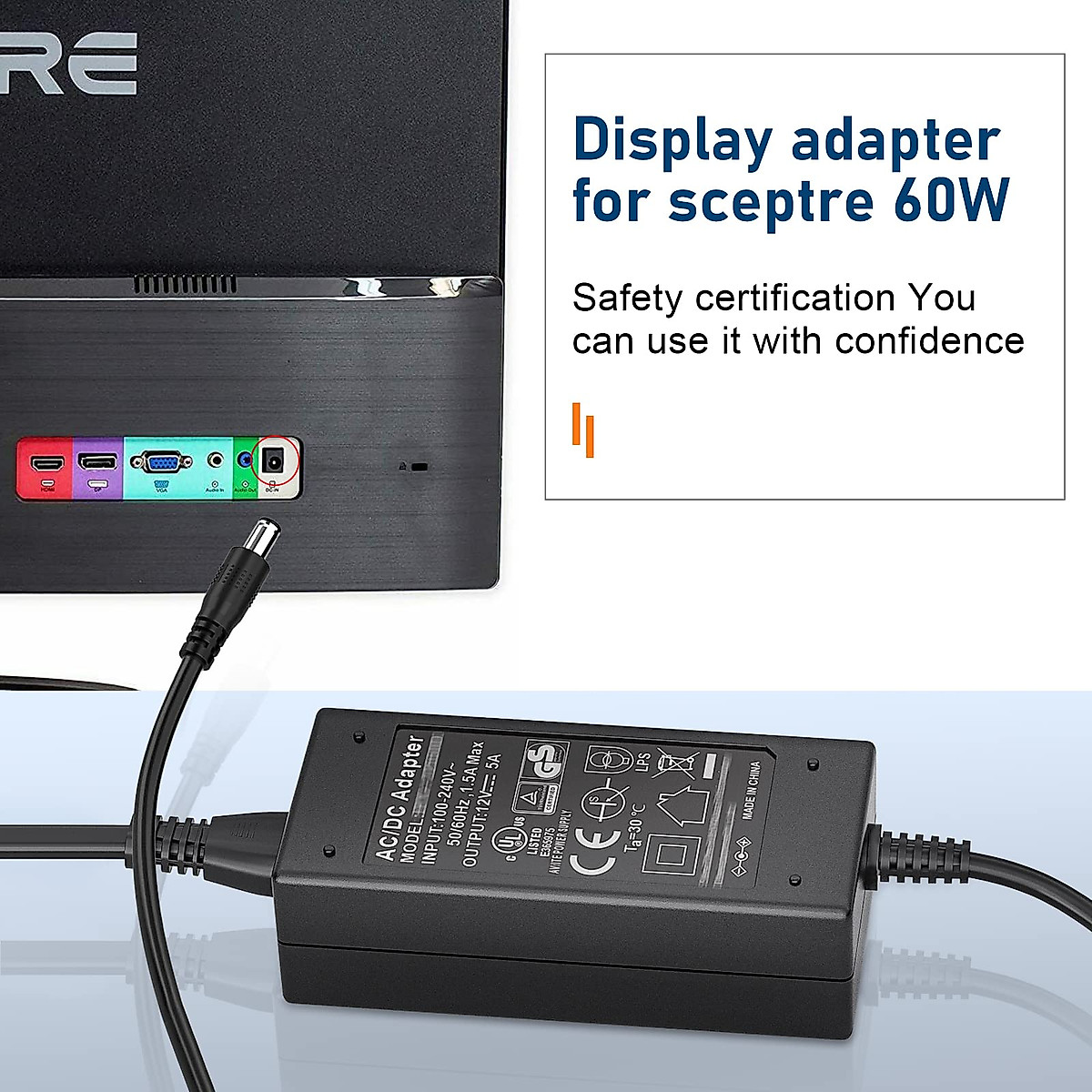 SoulBay 12V Power Cord for Sceptre Monitor, DC in 12V 5A AC Adapter for Sceptre 19" 20" 22" 24" 25" 27" 30" 32" Series LCD LED Monitor TV AD48ACM120400 Charger Replacement Power Supply, UL Listed