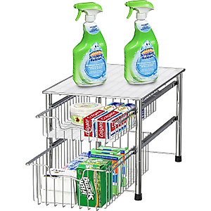SimpleHouseware Stackable 2 Tier Sliding Basket Organizer Drawer, Chrome