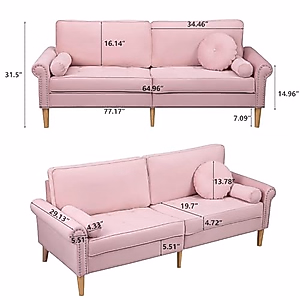 RXRRXY Modern Loveseat Sofa,Velvet Loveseats for Small Spaces, Mid Century 3 Seater Sofas,Button Tufted Upholstered Couch for Bedroom,with Pillow,Suitable for Living Rooms, Apartments,Office. (Pink)