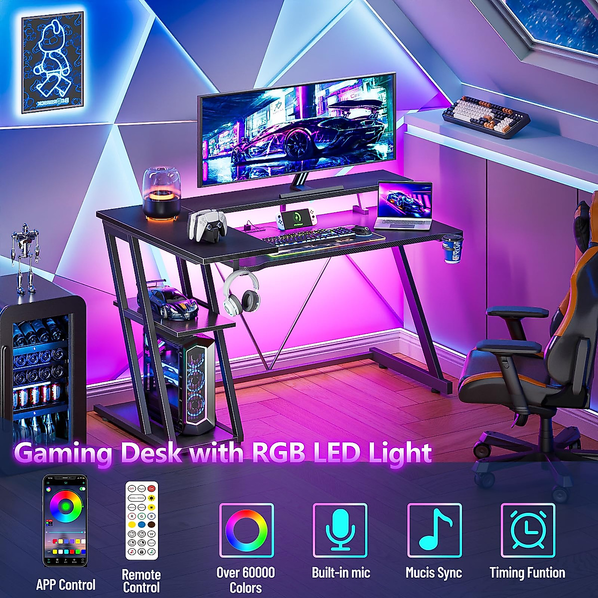 Korfile Reversible Gaming Desk with Power Outlet & LED Lights, Corner Computer Desk with 3 Tiers Storage Shelves, Home Office Desk with Monitor Stand for Small Space, 47 Inch Carbon Fiber Black