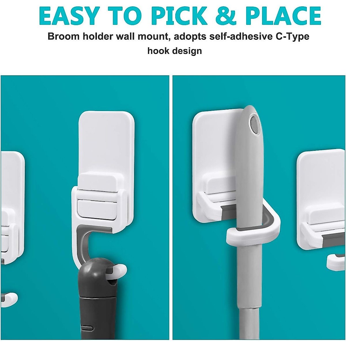 Tinkeep Mop Holder Wall Mounted Holder Broom & Mop Grippers Self Adhesive Acrylonitrile Butadiene Styrene No Drilling Super Anti-Slip Broom and Dustpan Hanger Wall Mount Mops Rakes Holder 3 pcs, White