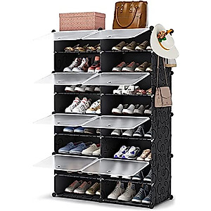 YIHATA Shoe Rack Organizer 32 Pairs Shoe Storage Cabinet 8-Tier DIY Expandable Free Standing Shoe Cabinet for Entryway Closet Bedroom Hallway with Versatile Hook (Black)