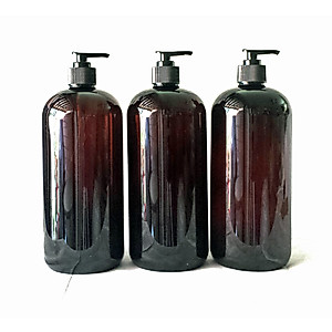 32 oz Amber Plastic PET Plastic Bottle with Black Hand Lotion Pump and Kraft Labels (3)