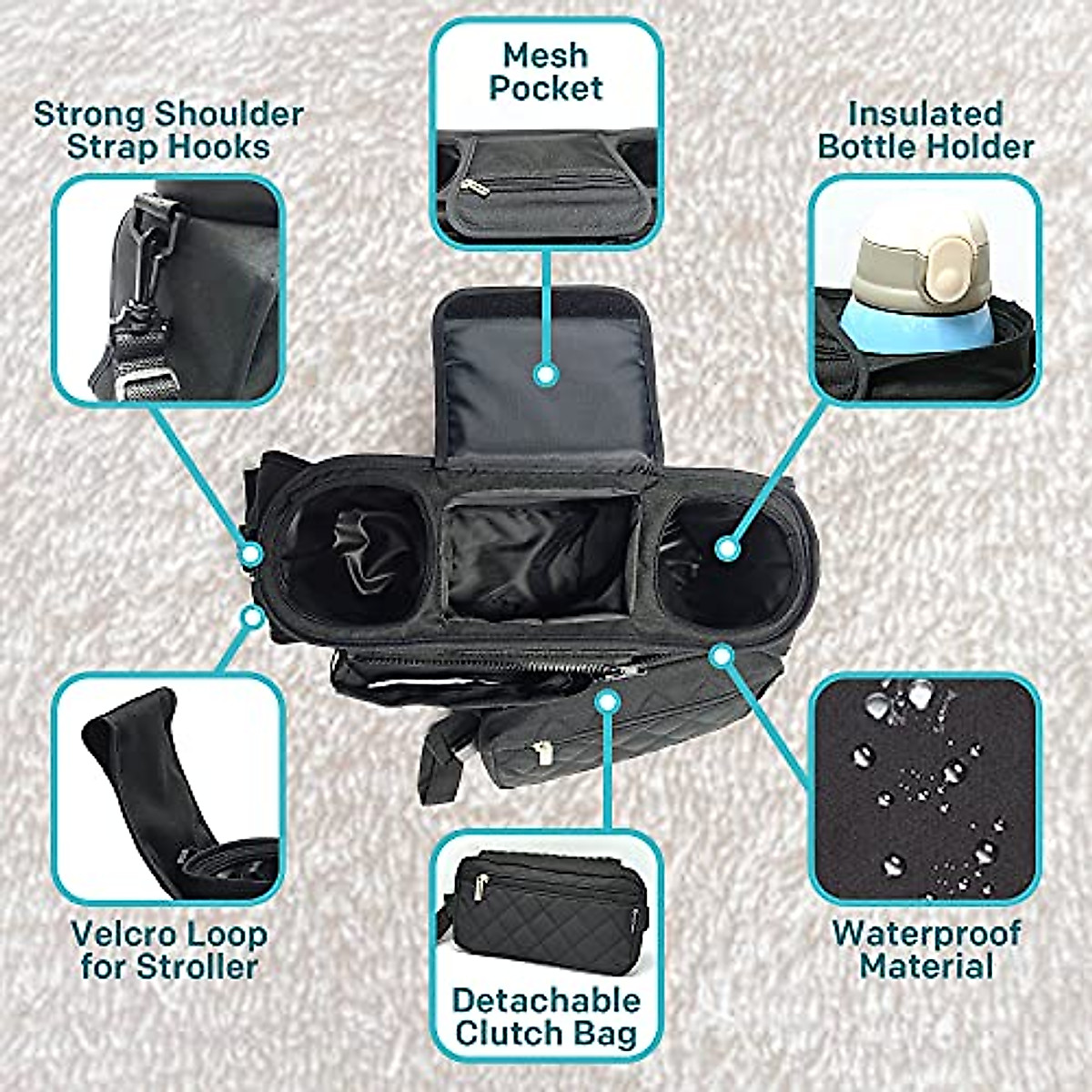 ComfyDegree Universal Baby Stroller Organizer Anti-Slip Detachable Pouch Bag Insulated Bottle Cup Holders Tissue Compartment, Secured Straps, Pockets for Diaper, Phone, Keys, Toys (Black)