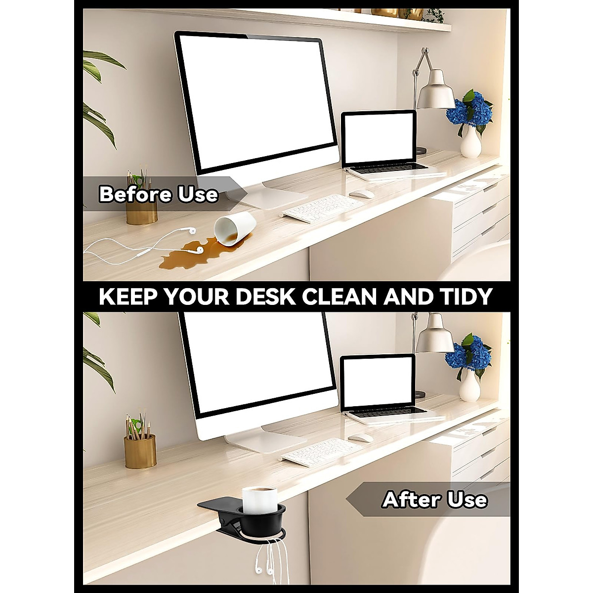 3PCS Drinking Cup Holder Clip, Kalolary Chair Desk Bottle Cup Stand DIY Glass Clamp Storage Saucer Clip for Potted Plant Beverage Soda Coffee Mug Holder Clip for Home & Office (Black)