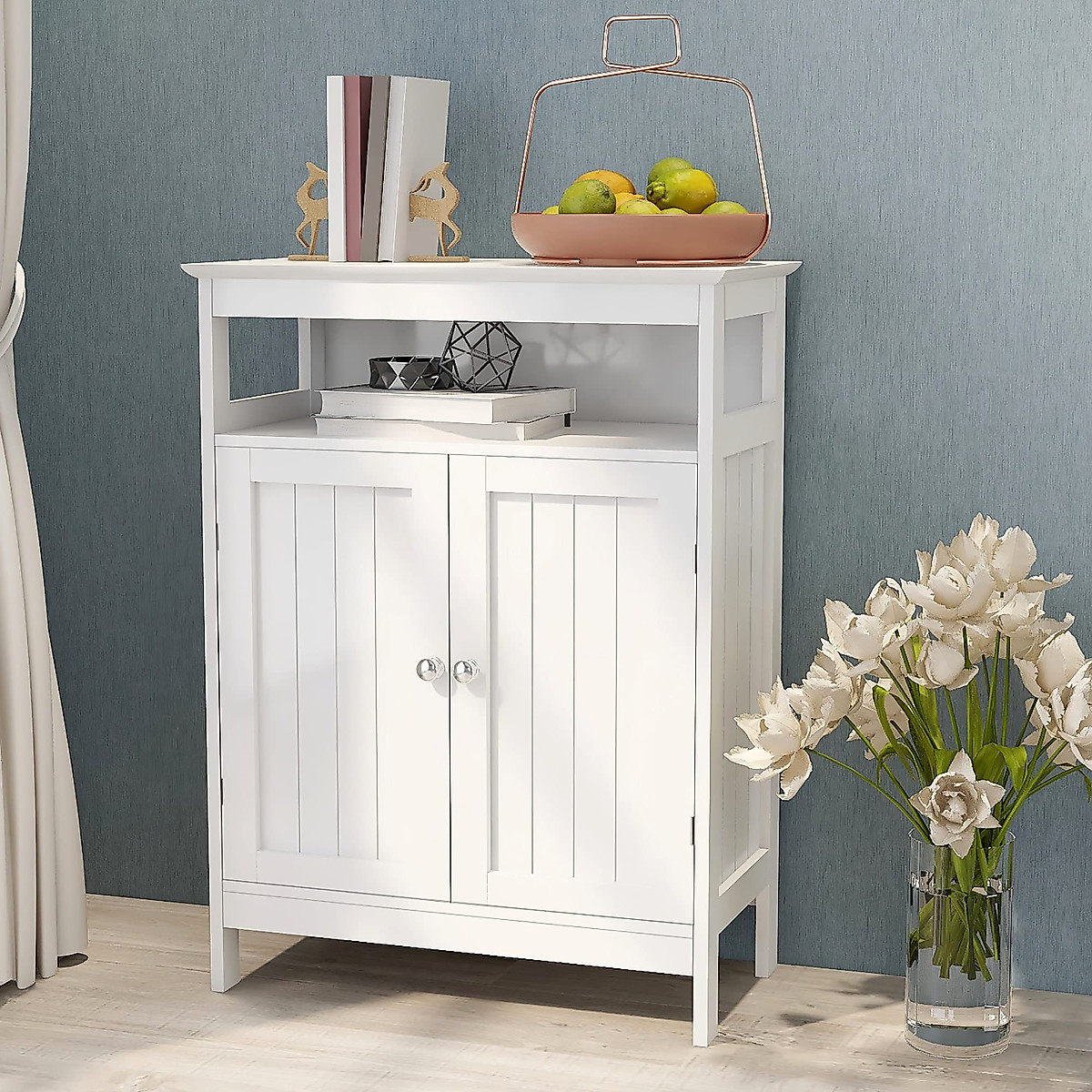 FRANSOUL Bathroom Floor Practical Storage Cabinet with a Double Shutter Door and Shelf for Kitchen, Entrance Area, Living Room, Include Ample Space,Easy to Assemble,White