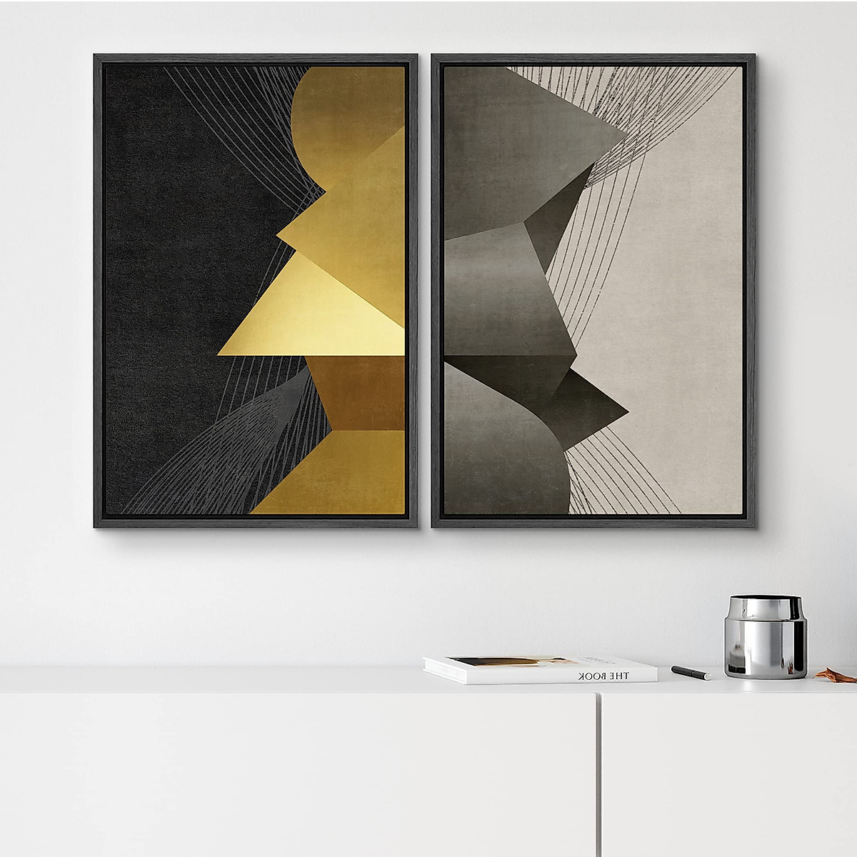 SIGNWIN Framed Canvas Print Wall Art Set Geometric Nordic Gold Gray Mid-Century Polygons Abstract Shapes Illustrations Minimal Decorative Bohemian for Living Room, Bedroom, Office - 16"x24"x2 Black