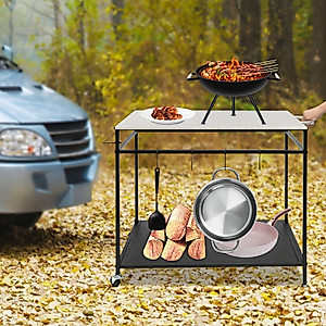 Gagalayong Double-Shelf Movable Outdoor Grill Cart Pizza Oven Stand, Multifunctional Kitchen Food Prep Table with Drawer, Black Solid Steel Dining Worktable on 4 Wheels & Seasoning Tray