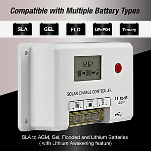 ExpertPower 10A 12/24V Intelligent PWM Solar Charge Controller with Adjustable Parameter LCD Display, Dual USB Ports, for AGM, Gel, LiFePO4