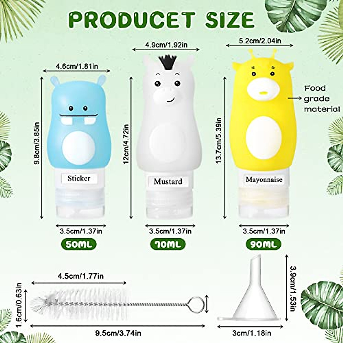 9 Pcs 6 Silicone Condiment Squeeze Bottles Squeeze Salad Dressing Bottles Portable Sauce Bottle Leak Proof Food Storage Bottles with Cleaning Brush Label Sticker Funnels for Lunch (Hippo, Horse, Deer)