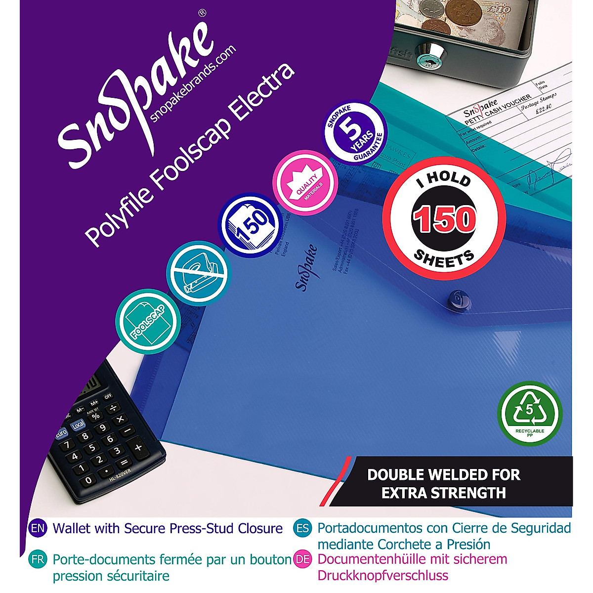 Snopake Foolscap Polyfile Popper Wallet with Press Stud - Electra Assorted [Pack of 15] Ref: 14756RY - [Amazon Exclusive]