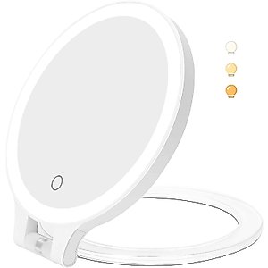 Flymiro Lighted Makeup Vanity Mirror with 10X 1X Double Sided Magnification Mirror, 3 Color Lighting, Rechargeable Tabletop Desk LED Foldable Travel Cosmetic Mirror with Lights