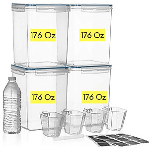 EXTRA LARGE WIDE & DEEP Food Storage Airtight Containers [Set of 4] 5.2L (175.9oz) w/ 4 Measuring Cups + Labels - Ideal for Sugar, Flour, Baking Supplies - Clear Plastic - Leakproof