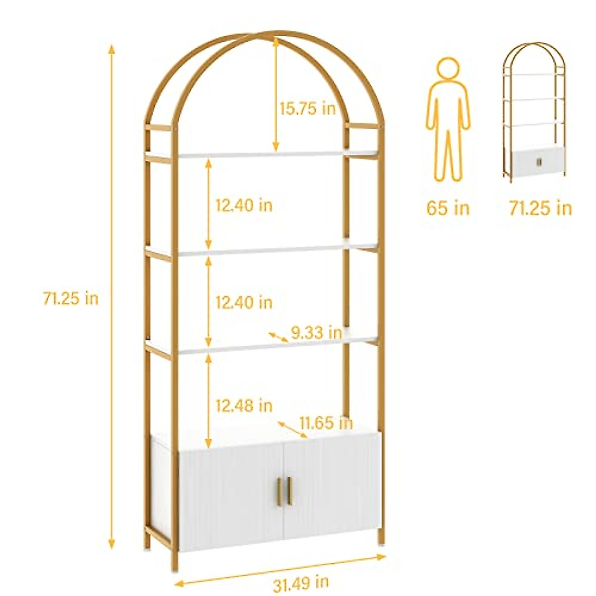 Jehiatek Gold Bookshelf, Arched Bookcase with Doors Storage, 71" Tall Industrial Book Shelf with Sturdy Metal Frame, E1 Quality Boards, Freestanding Display Shelving Unit, White and Gold