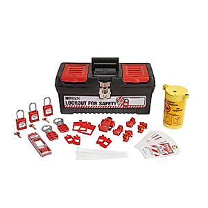 BRADY Electrical Lockout Tagout Kit - Hasps, Clamp on, Universal Multipole Circuit Breaker Lockouts, Loto Tags, Plug, Cable Lockout, 3 Red Keyed Different Safety Padlocks (1 Key Per Lock) - 153670