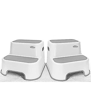 [New Version] Wider Dual Height 2 Step Stool for Kids | Toddler's Stool for Potty Training and Use in The Bathroom or Kitchen | BPA-Free Strong Soft-Grip Steps for Comfort and Safety (2 Pack, Greige)