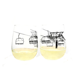 Wine Glasses by Black Lantern – Handmade Printed Stemless Wine Glasses and Bar Glasses with Ski Lift Design (Set of Two 17oz. Glasses)