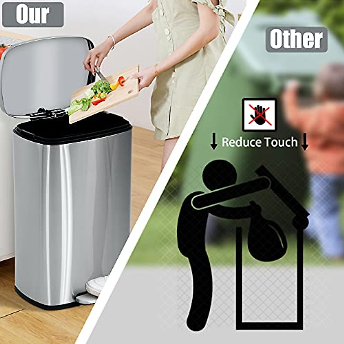 Dkelincs 13 Gallon Trash Can Stainless Steel Automatic Motion Sensor Kitchen Trash Can High-Capacity Touch Free Garbage Can with Lid for Bathroom Bedroom Home Office, 50 Liter,SS