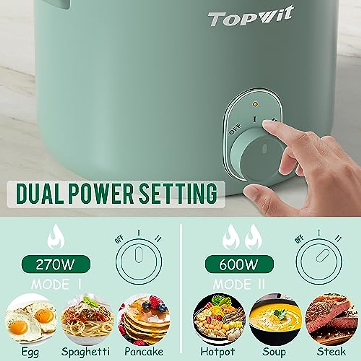 Topwit Electric Pot with Steamer, 1.5L Non-stick Ramen Cooker, Hot Pot Electric, Electric Pot for Cooking Pasta, Noodles, Steak, Egg, Portable Pot with Dual Power Control, Dorm Room Essentials, Green